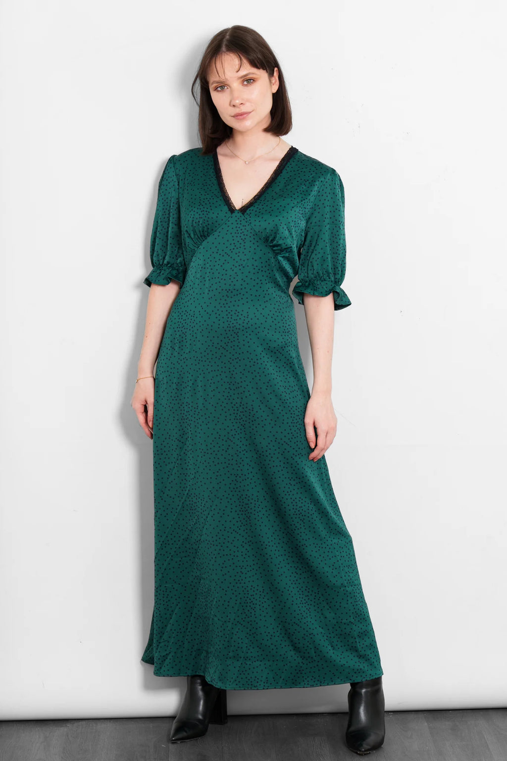 Elise V-Neck Tea Dress- Green/Teal, Polka Dot – Crowberry Wood 2024 LTD