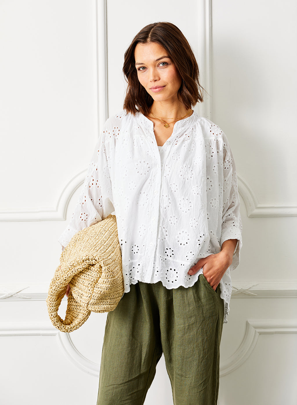 Pompano Broderie Anglaise Button Through Shirt White – Crowberry Wood ...